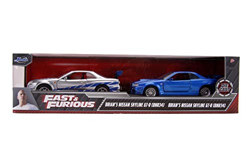 Fast & Furious Brian's Nissan Skyline GT-R R34 Silver & Nissan GT-R R34 Blue 1:32 Die - cast Car, Toys for Kids and Adults