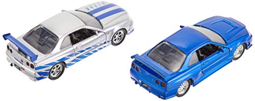 Fast & Furious Brian's Nissan Skyline GT-R R34 Silver & Nissan GT-R R34 Blue 1:32 Die - cast Car, Toys for Kids and Adults