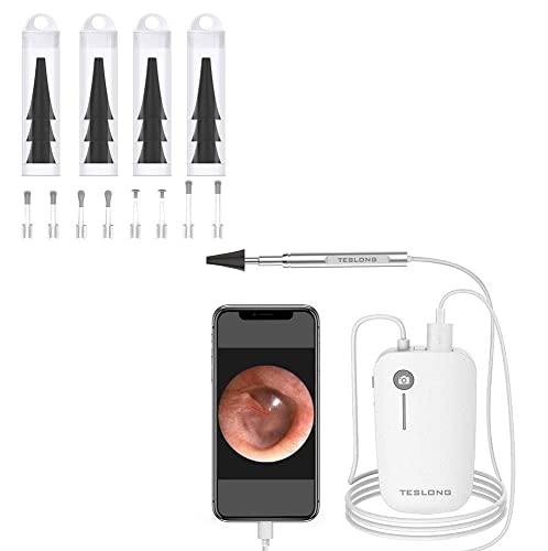 Teslong Otoscope Set with Disposable Covers, Ear Pick, 4.3mm HD Inspection Camera, 6 Adjustable LED Lights with Ear Wax Removal Tools, Works with iPhone, iPad & Android