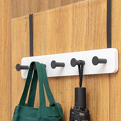 Mufansen Over The Door Hook Hanger,Bamboo Wood Coat Door Rack,Door Organizer for Hat Robe Clothes Towel (Wood, 5 Hook) (White)