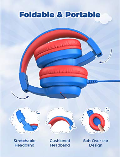 iClever Kids Headphones for School Travel, Safe Volume 85/94dB, HD Mic Stereo Sound Over-Ear Girls Boys Headphones for Kid, FunShare Foldable 3.5mm Wired Kids Headphones for iPad Computer, HS19 Blue