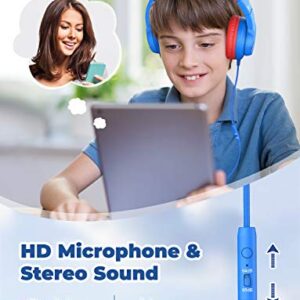 iClever Kids Headphones for School Travel, Safe Volume 85/94dB, HD Mic Stereo Sound Over-Ear Girls Boys Headphones for Kid, FunShare Foldable 3.5mm Wired Kids Headphones for iPad Computer, HS19 Blue