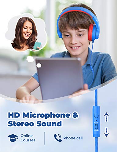 iClever Kids Headphones for School Travel, Safe Volume 85/94dB, HD Mic Stereo Sound Over-Ear Girls Boys Headphones for Kid, FunShare Foldable 3.5mm Wired Kids Headphones for iPad Computer, HS19 Blue