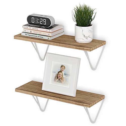 Wallniture Colmar 17"x6" Floating Shelves for Bedroom Wall Decor, Wood Wall Shelf Set of 2, Wall Bookshelf Set, Floating Shelf Natural Burnt with White Shelf Brackets