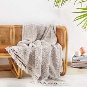 ultra soft cozy sherpa throw blanket, light weight warm decorative throw blanket with tassel, 2 tones ombre light brown pattern reversible boho style blanket for sofa, couch, bedroom,travel, 50”x60”