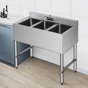 HALLY 3 Compartment Sink of Stainless Steel NSF Commercial Utility Basin with 10" L x 14" W x 10" D Bowl for Bar, Restaurant, Kitchen, Hotel and Home