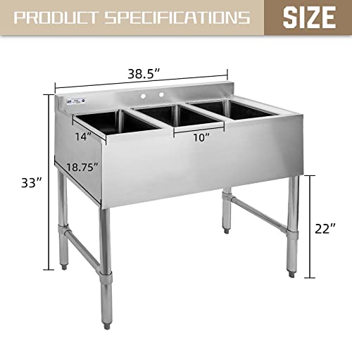 HALLY 3 Compartment Sink of Stainless Steel NSF Commercial Utility Basin with 10" L x 14" W x 10" D Bowl for Bar, Restaurant, Kitchen, Hotel and Home