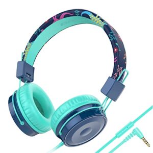 baseman kids headphones, headphones for boys girls children teens 3.5mm jack wired on ear headset 85db volume limit stereo earphones with microphone for smartphones school kindle ipad pc tablet - blue