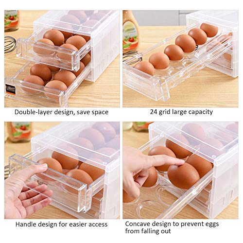 Refrigerator Egg Storage Bin, Drawer Double-layer Stackable Fridge Egg Organizer,Refrigerator fresh-keeping box,Egg Tray,Clear(24 grids)