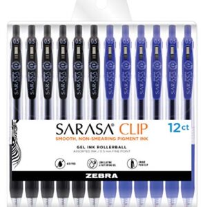 Zebra Pen Sarasa Clip Retractable Gel Pen, Fine Point, 0.5mm, Black and Blue Ink, 12-Pack