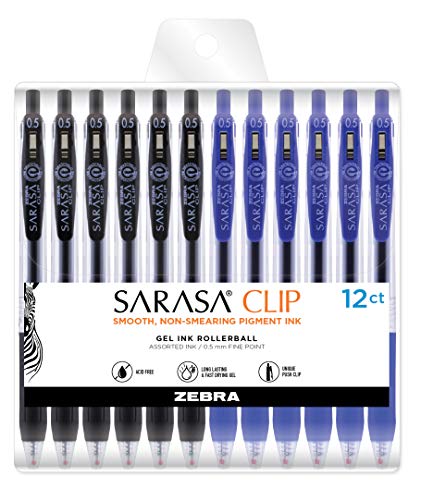 Zebra Pen Sarasa Clip Retractable Gel Pen, Fine Point, 0.5mm, Black and Blue Ink, 12-Pack