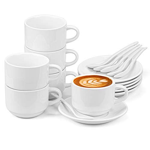 Hedume 6 Pack 5 OZ Espresso Cups with Saucers and Spoons, Stackable Espresso Coffee Cup Set for Specialty Coffee Drinks, Latte, Cafe Mocha and Tea