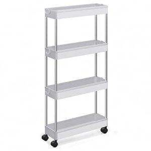 songmics 4-tier slide out storage cart, slim rolling cart on wheels, slim storage cart, space-saving bathroom storage, kitchen, narrow shelf, 15.7 x 5.3 x 33.9 inches, white uksc08wt