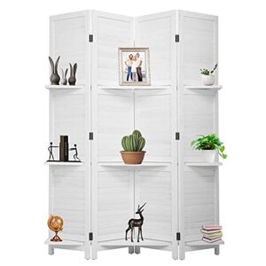 4 panel room divider folding privacy wooden screen with three clever shelf portable partition screen screen wood for home office (white)