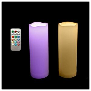 color changing outdoor flameless pillar candles remote waterproof battery operated electric led candle set for gift home party wedding supplies garden halloween christmas decoration, 2 pack, 3” x 8”