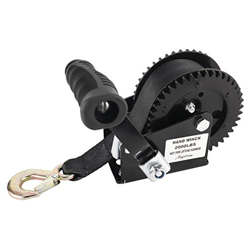 HighFree 2000lbs Trailer Winch with 25 Feet Nylon Strap, Black Dual Gear Heavy Duty Hand Winch for ATV, Boat, Truck, Trailer