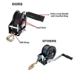 HighFree 2000lbs Trailer Winch with 25 Feet Nylon Strap, Black Dual Gear Heavy Duty Hand Winch for ATV, Boat, Truck, Trailer