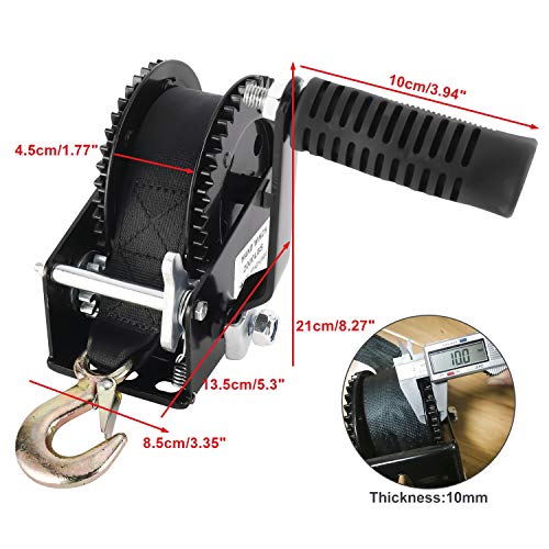 HighFree 2000lbs Trailer Winch with 25 Feet Nylon Strap, Black Dual Gear Heavy Duty Hand Winch for ATV, Boat, Truck, Trailer