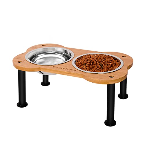 Elevated Dog Bowls, Unique Bone Shape Bamboo Raised Pet Bowls& Cats Dogs Food and Water Stand Pet Feeder, with 2-Pack Stainless Steel Bowls, for Pets Medium Dogs Cats, 16.46” W x 9.84” D x 7.09” H