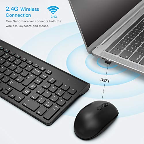 Wireless Keyboard Mouse Combo, WisFox 2.4GHz Slim Full Size Wireless Keyboard and Mouse Set with Number Pad and Nano Receiver for PC Laptop Windows, Quiet and Ergonomic (Black)