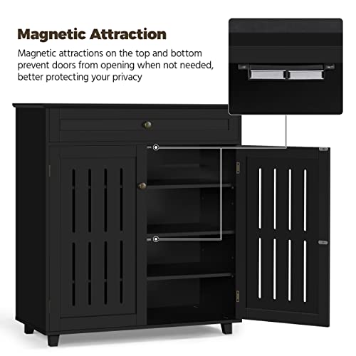 Yaheetech 4 Tier Shoe Storage Cabinet Shoe Rack with Drawer Adjustable Shelf Louvered Door - Multifunctional Storage Cabinet for Bedroom Closet Entryway Dorm Room, Black