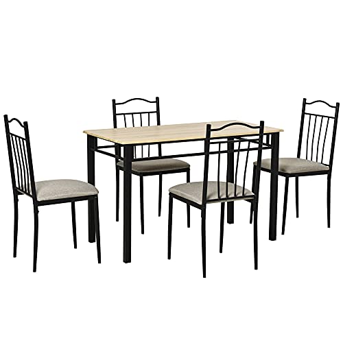 HOMCOM 5 Piece Dining Room Table Set with 4 Metal Frame Chairs for Kitchen, Dinette, Breakfast Nook, Grey