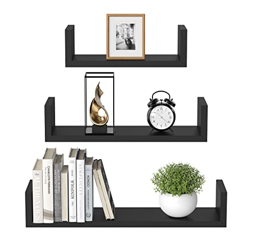 AMADA HOMEFURNISHING Floating Shelves U-Shaped, Wall Shelf 3 Sizes, Black Floating Shelves for Bathroom/Bedroom/Living Room/Kitchen - AMFS13-B