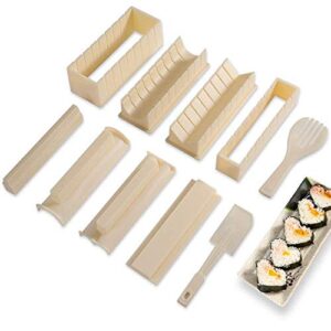 sushi making kit deluxe edition with complete sushi set 10 pieces plastic sushi maker tool complete with 8 sushi rice roll mold shapes fork spatula diy home sushi tool (off-white)