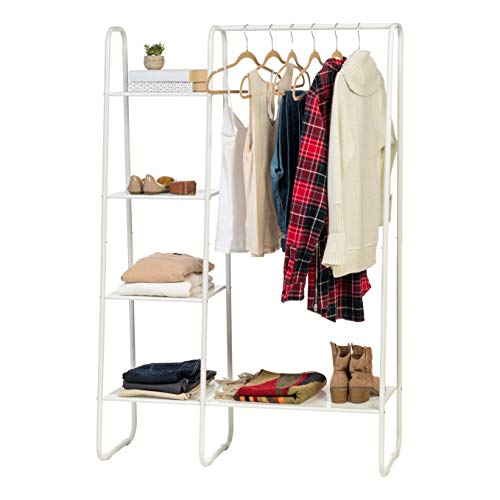 IRIS USA Clothes Rack with 4 Metal Shelves, Freestanding Clothing Racks for Hanging Clothes, Easy to Assemble, Standing Metal Sturdy Garment and Accessories Rack, Small Space Storage Solution, White