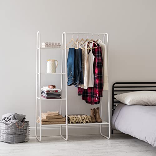 IRIS USA Clothes Rack with 4 Metal Shelves, Freestanding Clothing Racks for Hanging Clothes, Easy to Assemble, Standing Metal Sturdy Garment and Accessories Rack, Small Space Storage Solution, White