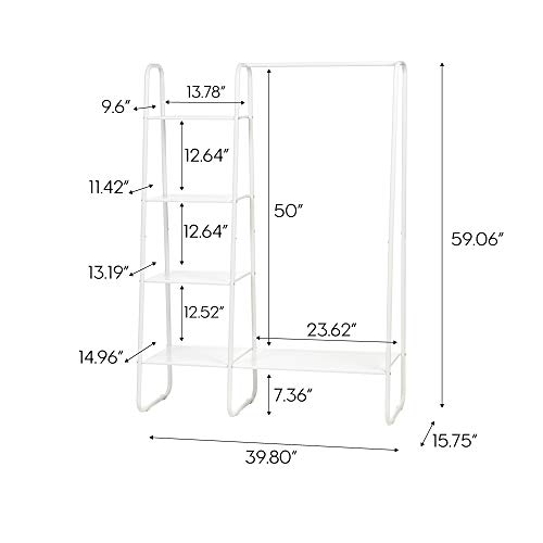 IRIS USA Clothes Rack with 4 Metal Shelves, Freestanding Clothing Racks for Hanging Clothes, Easy to Assemble, Standing Metal Sturdy Garment and Accessories Rack, Small Space Storage Solution, White