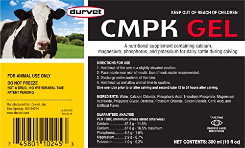 Durvet CMPK Gel (Case of 12). Concentrated Calcium-Mineral Supplement for Cattle. Helps Prevent Milk Fever in Dairy Cows When Calving. Convenient Easy-Dose Oral Gel. Safe. No Withdrawal. 300 ml Tube.