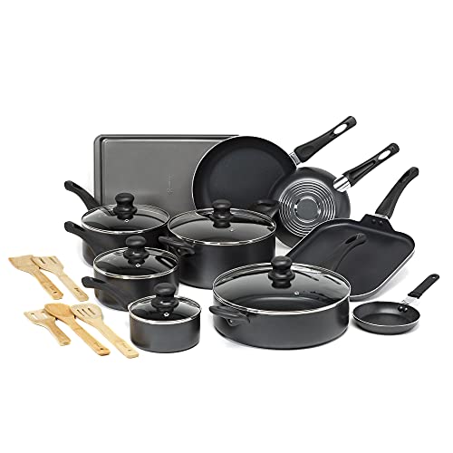 Ecolution Easy Clean Nonstick Cookware Set, Features Kitchen Essentials, Bamboo Cooking Utensils Set, Vented Glass Lids, Ergonomic Grip Handles, Made without PFOA, Dishwasher Safe, 20-Piece, Black