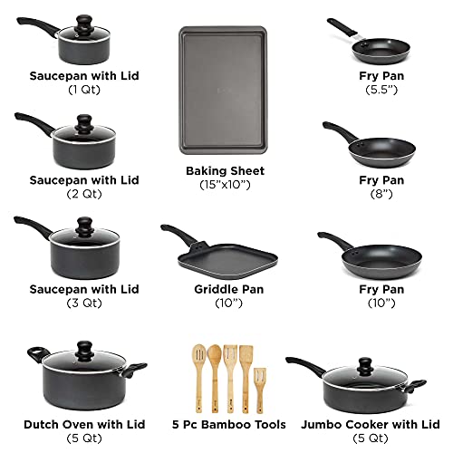 Ecolution Easy Clean Nonstick Cookware Set, Features Kitchen Essentials, Bamboo Cooking Utensils Set, Vented Glass Lids, Ergonomic Grip Handles, Made without PFOA, Dishwasher Safe, 20-Piece, Black