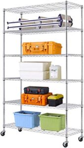 6 tier standing shelf units nsf heavy duty height adjustable storage shelf metal shelving with wheels/feet levelers for garage rack kitchen rack office rack commercial shelving chrome, 18" x 48" x 82"