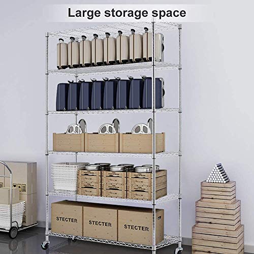 6 Tier Standing Shelf Units NSF Heavy Duty Height Adjustable Storage Shelf Metal Shelving with Wheels/Feet Levelers for Garage Rack Kitchen Rack Office Rack Commercial Shelving Chrome, 18" x 48" x 82"