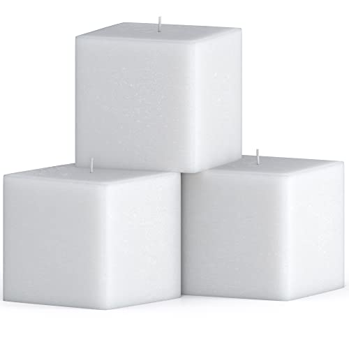 Candwax 3 inch Pillar Candles for Home Set of 3 pcs - Unscented and Long Lasting Candles Ideal for Romantic, Wedding or Living Room Decor - White Square Candle