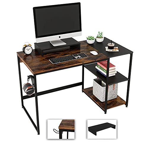 Nost & Host 47 Inch Home Office Desk with Storage Shelves, Computer Desk with Monitor Stand and Headphone Hook, Industrial 2-Tone Small Writing Work Desk Study Table, Rustic Brown and Black