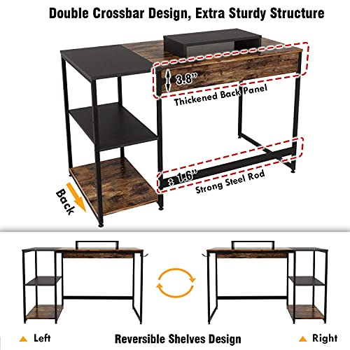 Nost & Host 47 Inch Home Office Desk with Storage Shelves, Computer Desk with Monitor Stand and Headphone Hook, Industrial 2-Tone Small Writing Work Desk Study Table, Rustic Brown and Black