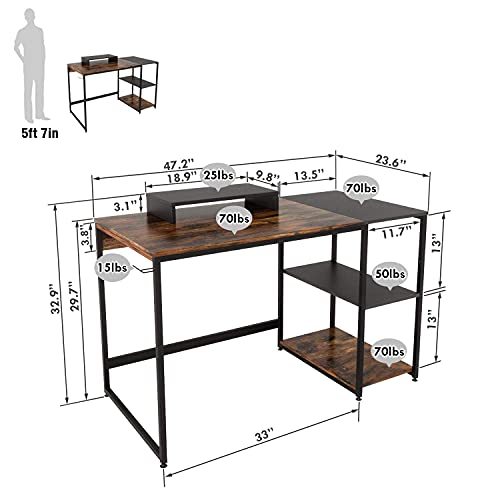 Nost & Host 47 Inch Home Office Desk with Storage Shelves, Computer Desk with Monitor Stand and Headphone Hook, Industrial 2-Tone Small Writing Work Desk Study Table, Rustic Brown and Black