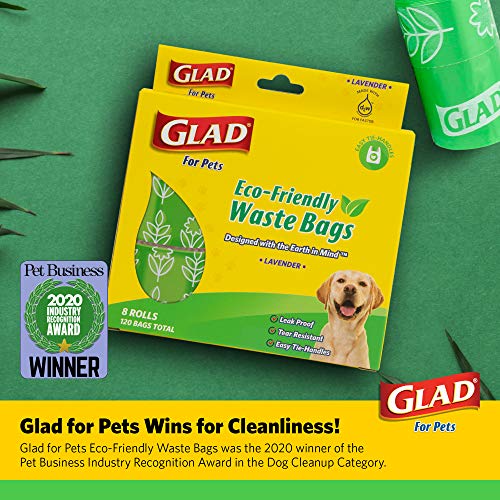 Glad Eco Friendly Dog Waste Bags - 8 Rolls of Lavender Scented Dog Waste Bags, 120 Bags in Total - Dog Waste Bags for All Dogs, Leak Proof and Strong Dog Poop Bags