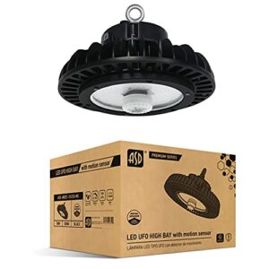 asd ufo high bay led shop light fixture with motion sensor, 150 watt 22912lm 5000k, 1-10v dimmable, 120v 277v work light, commercial bay lighting, waterproof, safety cable included ul/dlc premium