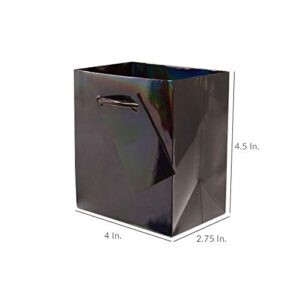 Black Gift Bags - 12 Pack Extra Small Metallic Holographic Paper Shopping Bags with Handles, Mini Gift Wrap Euro Totes for Birthdays, Tiny Party Favor Bags for Presents, Holidays Bulk - 4x2.75x4.5