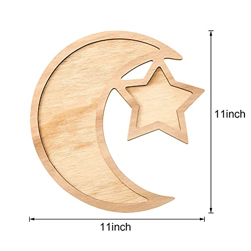 WILLBOND 2 Sets Ramadan Wood Tray Moon Wooden Star Tableware Eid Mubarak Party Serving Tableware for Breakfast Dinner Dessert Pastry Display Holder Decoration Ornament