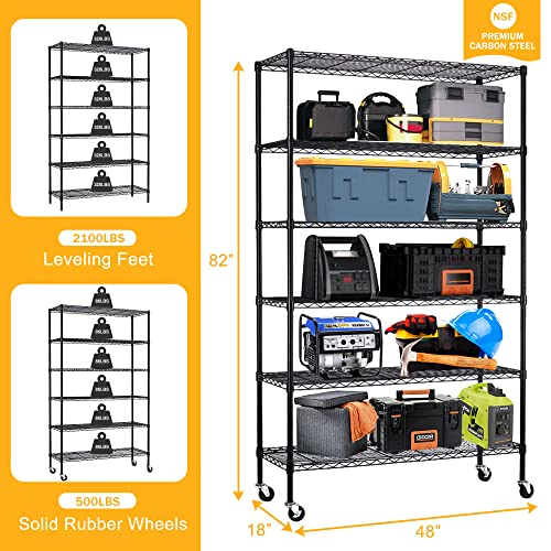 6 Tier Wire Metal Shelving Rack,Heavy Duty 48" W x 18" D x 82" H Adjustable Shelving Units and Storage with Casters/Wheels and Feet Levelers,Garage Metal Steel Storage Shelves for Kitchen/Office Rack