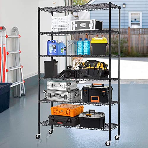 6 Tier Wire Metal Shelving Rack,Heavy Duty 48" W x 18" D x 82" H Adjustable Shelving Units and Storage with Casters/Wheels and Feet Levelers,Garage Metal Steel Storage Shelves for Kitchen/Office Rack