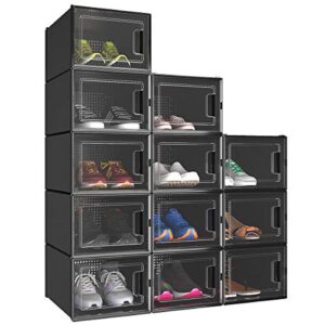 yitahome shoe box, set of 12 medium size shoe storage lightweight plastic organizers stackable shoe storage box rack drawers - black