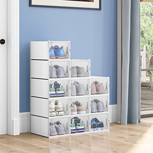 YITAHOME Shoe Box, Set of 12 Shoe Storage Organizers Stackable Shoe Storage Box Rack Clear Drawer-White, Medium Size,13.8”L x 9.8”W x 7.3”H