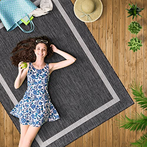 Beverly Rug Waikiki Indoor Outdoor Rug 6x9, Washable Outside Carpet for Patio, Deck, Porch, Bordered Modern Area Rug, Water Resistant, Dark Grey - Light Grey