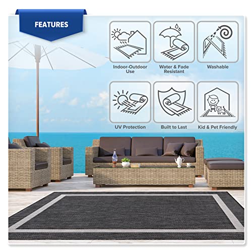 Beverly Rug Waikiki Indoor Outdoor Rug 6x9, Washable Outside Carpet for Patio, Deck, Porch, Bordered Modern Area Rug, Water Resistant, Dark Grey - Light Grey